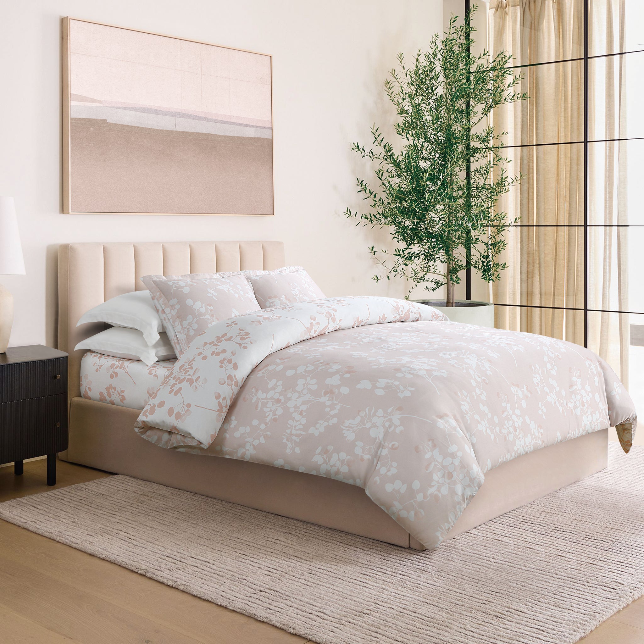 Elegant linen Brushed Leaves 4 Piece Bedding Set