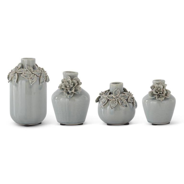 Elegant Linen Set of 4 Light Blue Ceramic Vases W/Raised Flowers