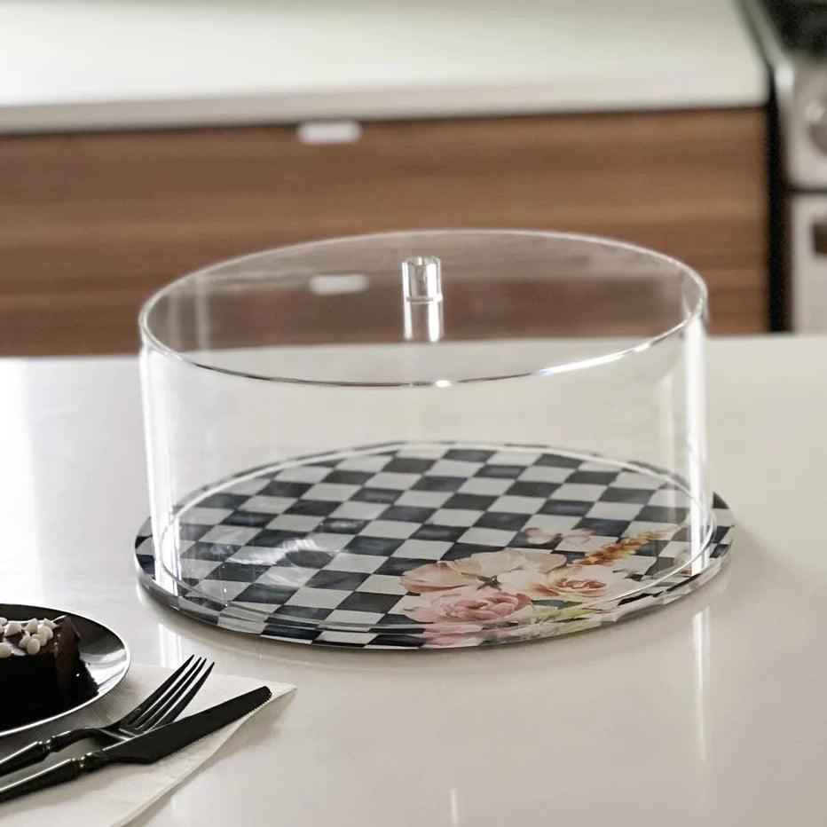 Boker Tov Shalom Cake Dome with Black Checkered Painted Base