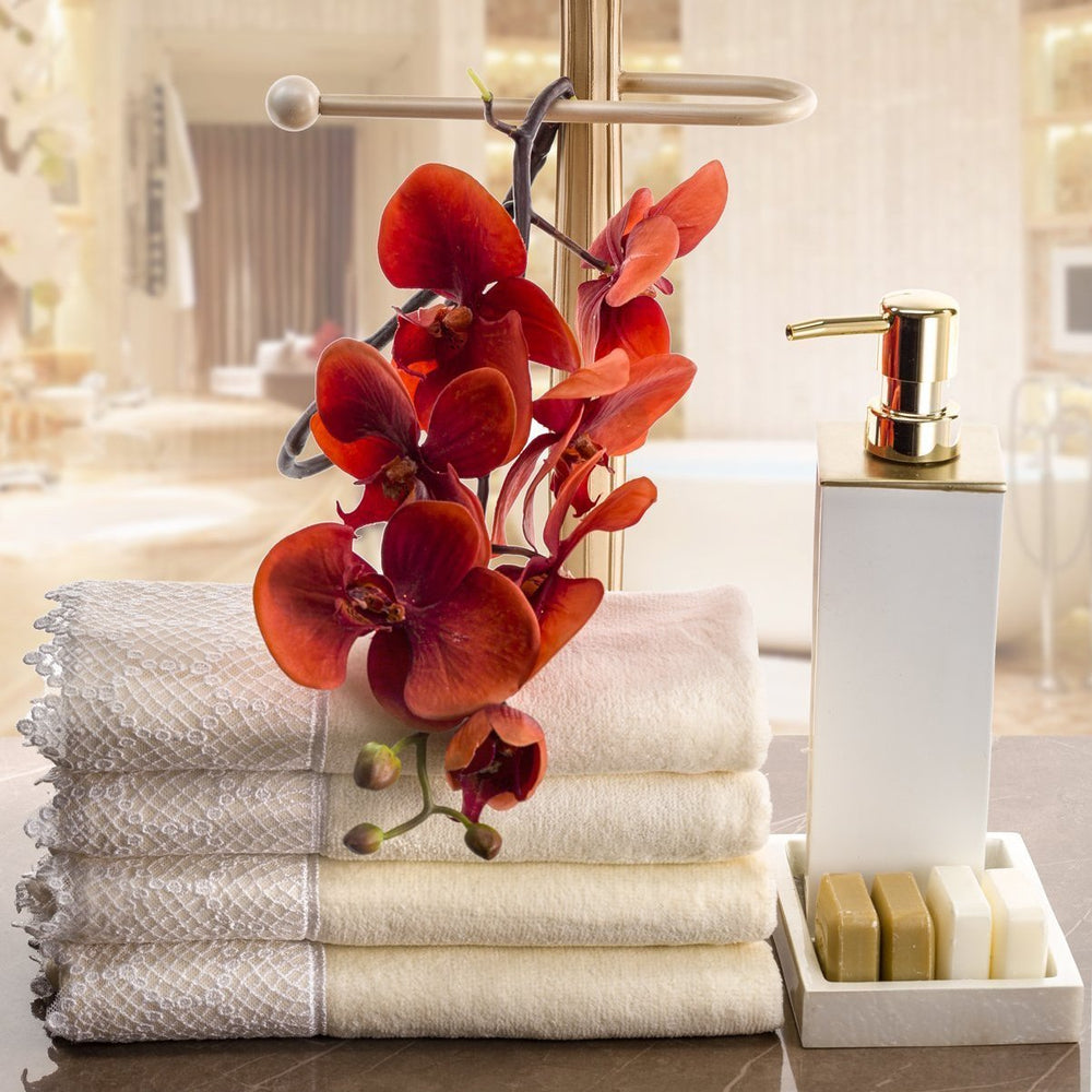 Cotton Velour Fingertip Towel in Cream Color With Cream Lace (set of 4