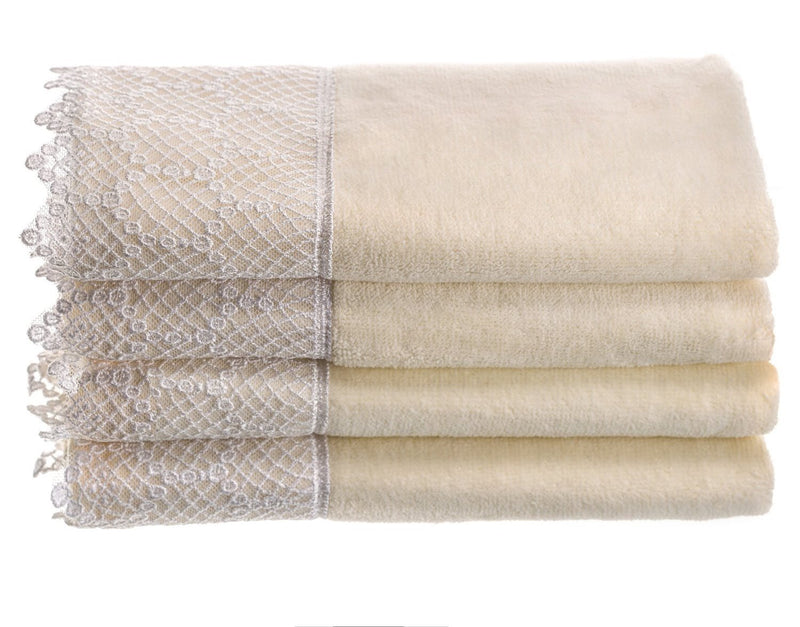 Cotton Velour Fingertip Towel in Cream Color With Cream Lace (set of 4
